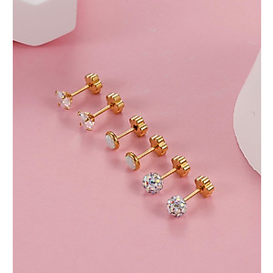 Enticera 4Pairs Hypoallergenic Flat Back Earrings for Women 14K Gold Cartilage Earring for Sensitive Skin Star Heart Opal Screw Back Nap Earrings Gold AB