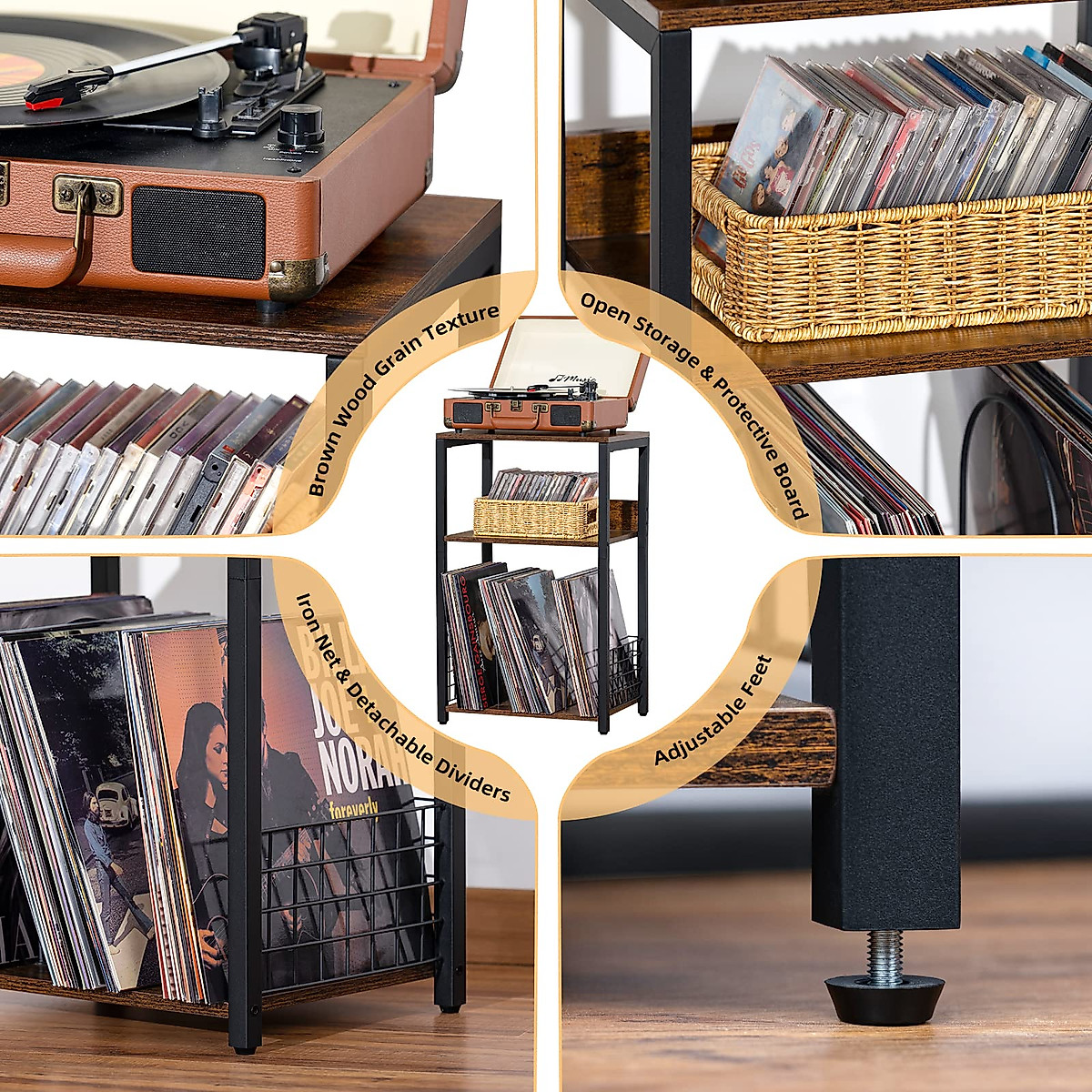 LELELINKY 3 Tier End Table,Record Player Stand with Storage Up to 100 Albums,Turntable Stand for Vinyl,Brown Records Shelf for Living Room Bedroom