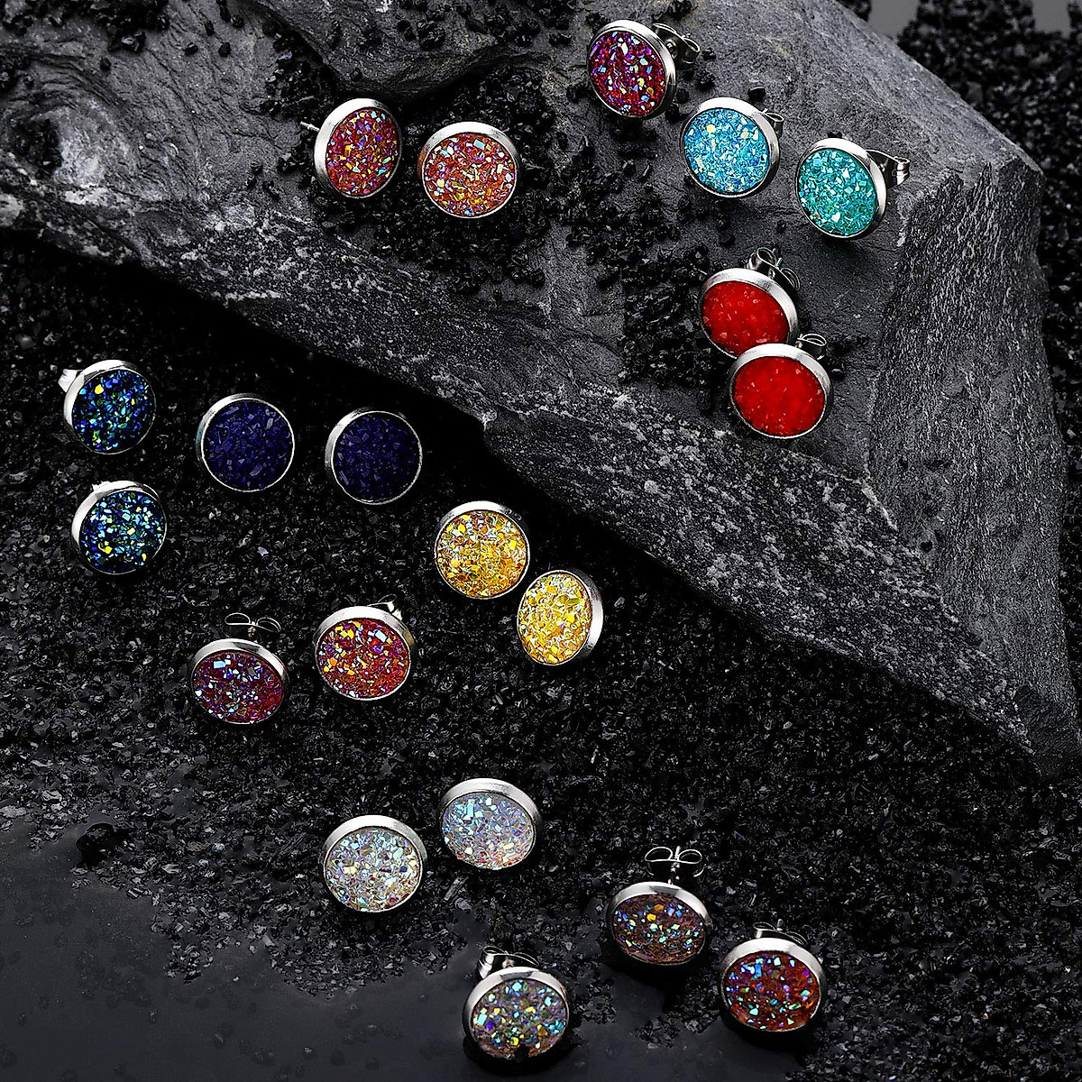 32 Pairs Round Druzy Stud Earrings Bohemian Round Stud Earrings Stainless Steel Pierced Earrings Jewelry for Women Valentines Gift(8 mm)