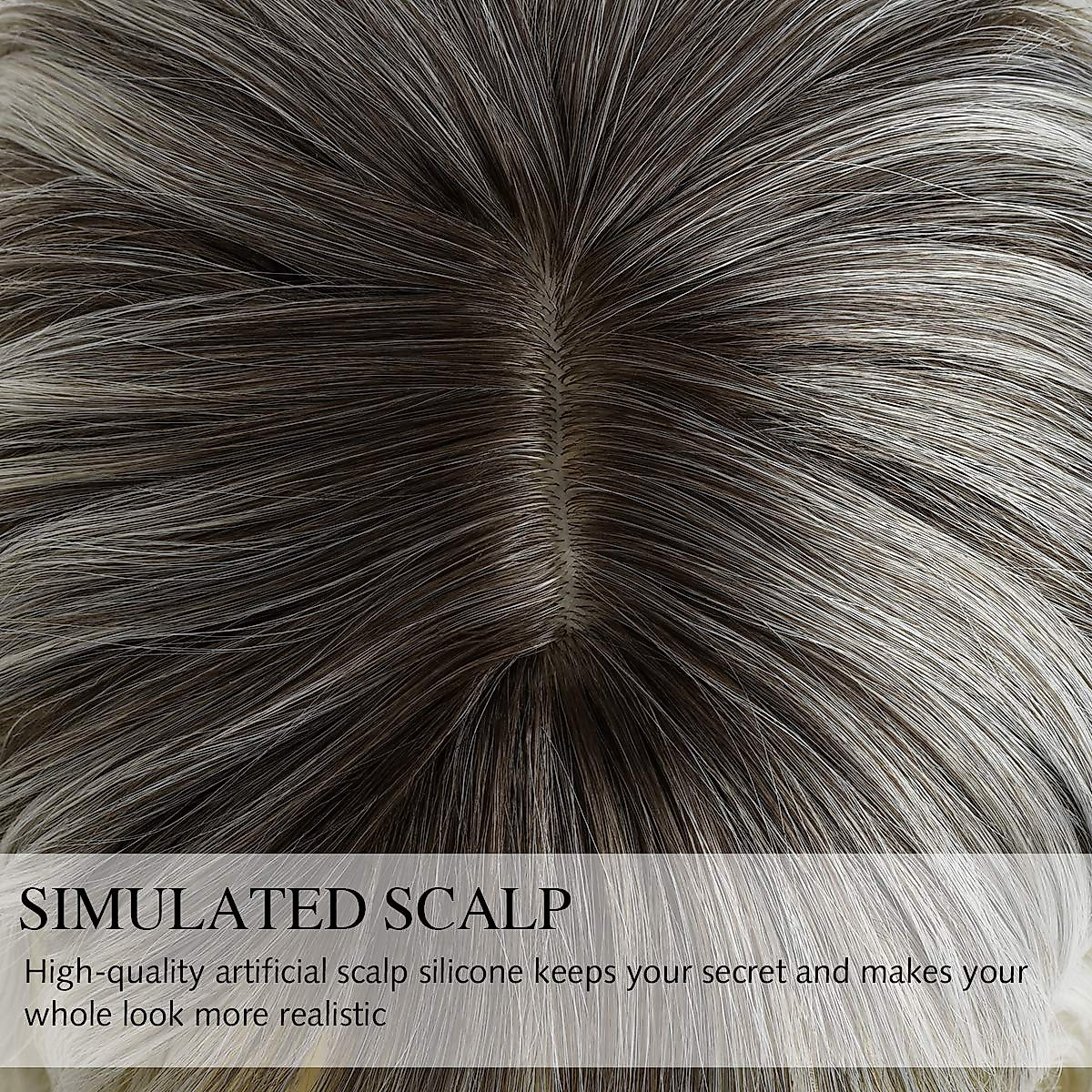 Rose bud Wavy Bob Wig with Bangs Natural Ombre Silver Wig Synthetic Hair Shoulder Length Short Curly Wigs for Women