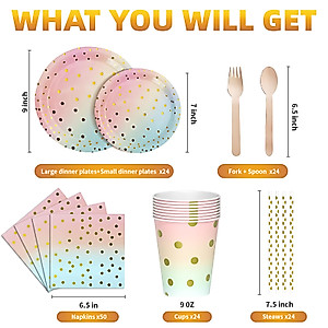 Dn Dennov 168PCS Pink and Gold-Pastel Party Supplies, Severs 24 Disposable Party Dinnerware Include Paper Party Plates,Cups,Napkins,Straw,Wooden Fork Spoon for Wedding,Christmas(Trompe l'oeil Gold)