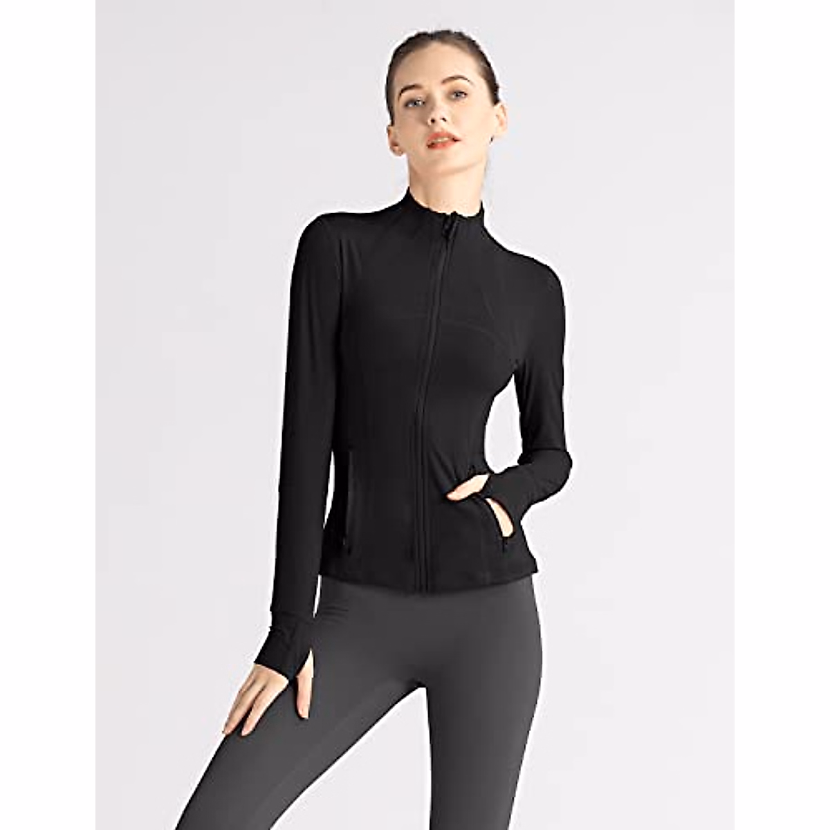 Gacaky Women's Slim Fit Workout Running Track Jackets Full Zip-up Yoga Athletic Jacket with Thumb Holes Black X-Small