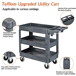 TUFFIOM Plastic Service Utility Cart with Wheels, 550lbs Capacity, Heavy Duty Tub W/Deep Shelves, Multipurpose Rolling 3-Tier Mobile Storage Organizer, for Warehouse Garage Industrial Cart