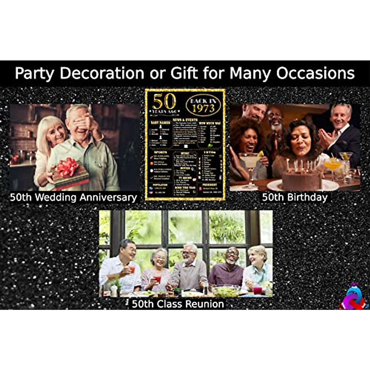 Back In 1973 Party Poster- Large 14x19.5 in Laminated.- Black and Gold - 50th Birthday Gifts, Wedding Anniversary, 1973 Class Reunion, Party Supplies, Party Decorations (1973 50th Gold)