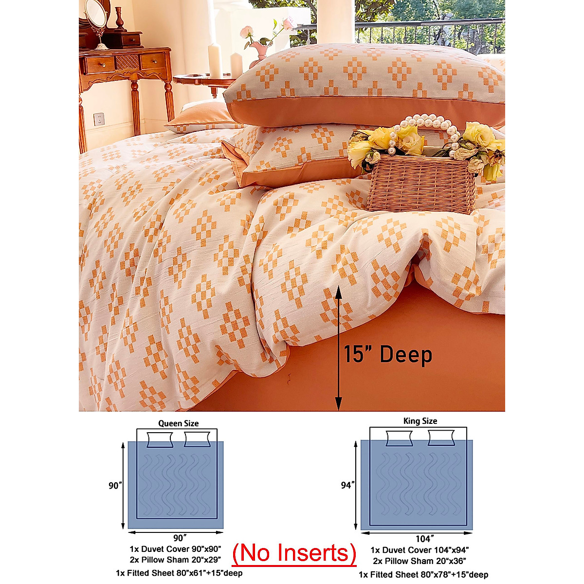 Doimier Duvet Cover Queen Boho, 4 PCS Vintage Bedding Sets, Gingham Patterned Comforter Covers Set with Zipper Closure, Soft Breathable Geometric Orange Rhombus (Diamond Grid, Queen)