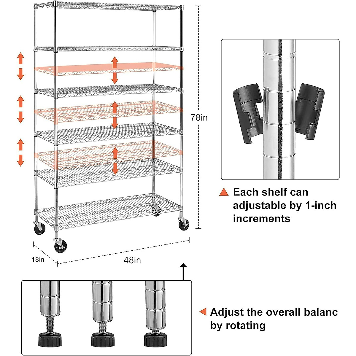 YRLLENSDAN 6000Lbs Capacity Adjustable Storage Shelves Heavy Duty Shelving Unit 6 Tier Metal Shelving with Wheels NSF Wire Shelving (48" W x 18" D x 72" H,Chrome)
