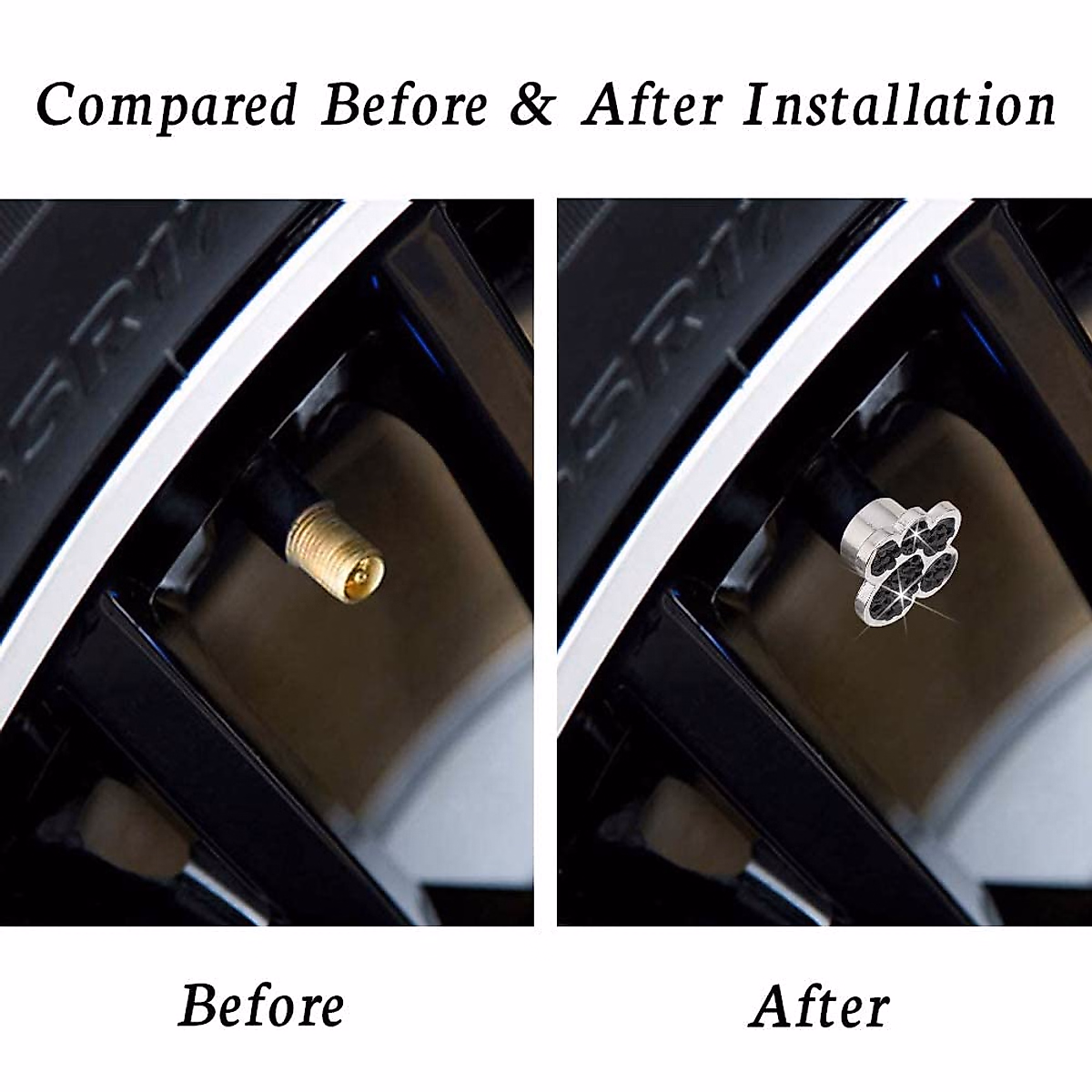 SAVORI Paw Valve Stem Caps Car Accessories Bling Handmade Crystal Rhinestone Universal Tire Valve Dust Caps 4 Pack fit for Car Auto SUV Truck Bike Wheels (Black)