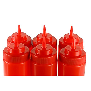 [6 PACK] 24 Oz Red Plastic Condiment Squeeze Bottles Squirt Bottle for Sauces, Dressing, Arts and Crafts, Ketchup, Mustard, Oil, BBQ - Clear Reusable Plastic Containers, BPA Free, Dishwasher Safe