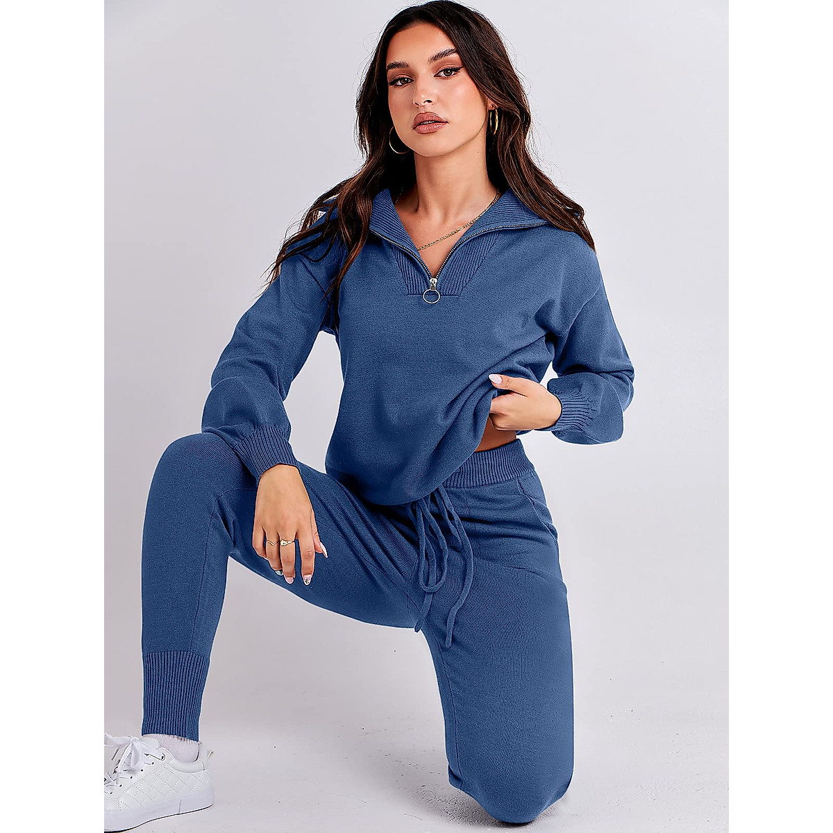 ANRABESS Women's Two Piece Outfits Sweater Sets Long Sleeve Zip Up Knit Pullover Jogger Pants Tracksuit 2024 Fall Lounge Sets Small