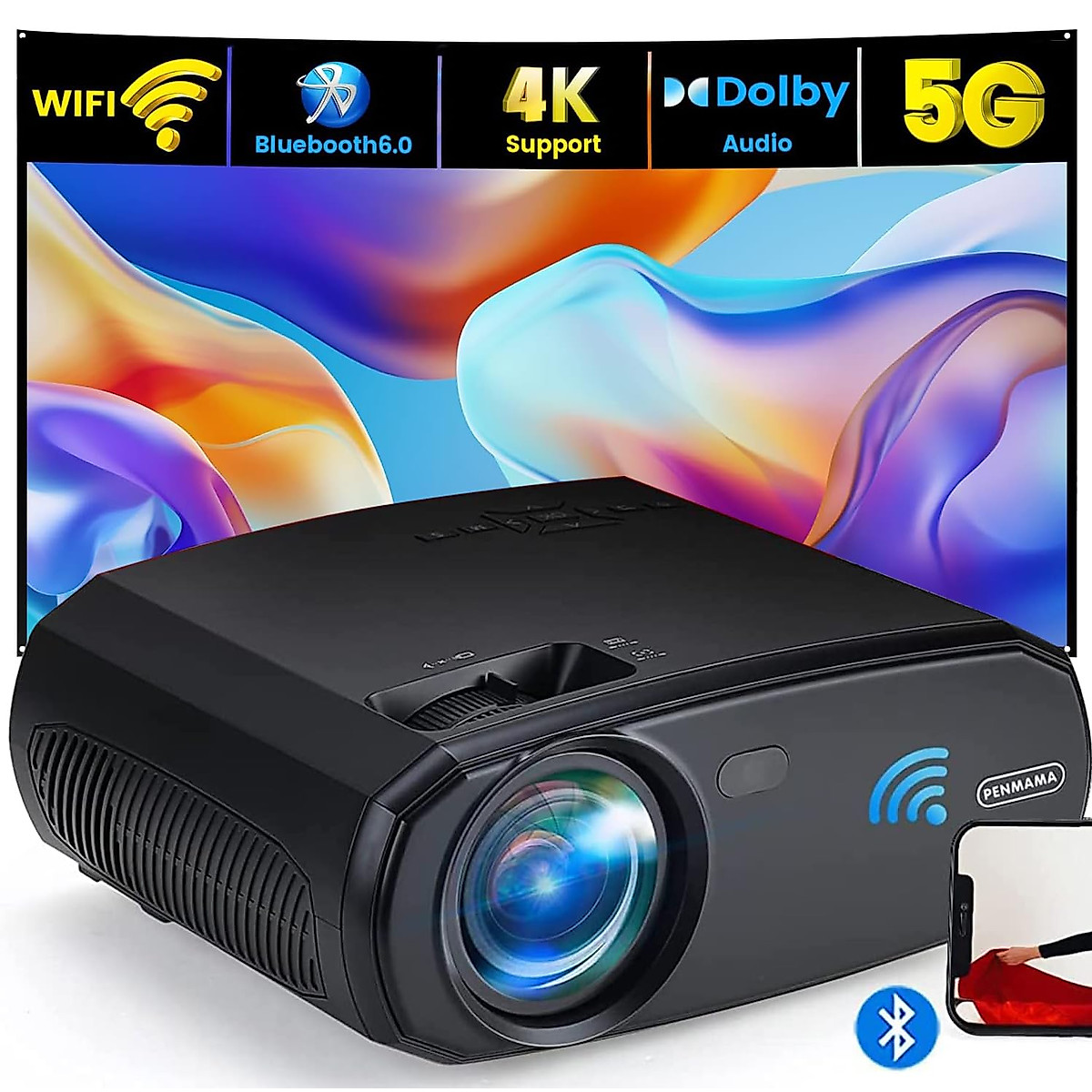 1080P HD Projector, 5G WiFi Bluetooth 4K Projector, PENMAMA 9500L Movie Mini Projector with Zoom/±15° Keystone/ 300" Display/Phone Mirroing, Compatible with HDMI, VGA, USB, Phone, TV, Laptop, PC, PS5