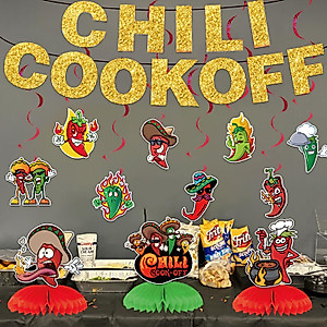 Chili Cook Off Decorations, 1 Pc Chili Cook Off Banner 8 Pcs Chili Hanging Swirls 3 Pcs Honeycomb Centerpiece for Chili Contest Tasting Competition, Chili Party Banners Chili Festival Party Supplies