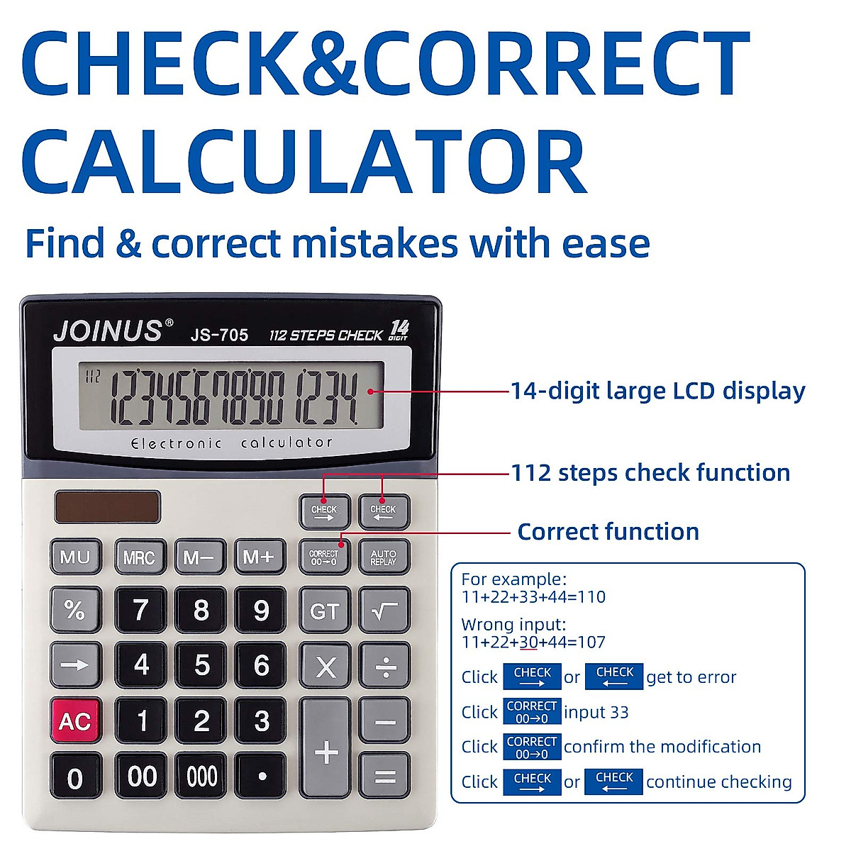 Large 14-Digit LCD Display Desktop Calculator with Check & Correct Function, Solar Battery Dual Power Calculator, Large Computer Keys Electronics Calculator for Office School Calculating