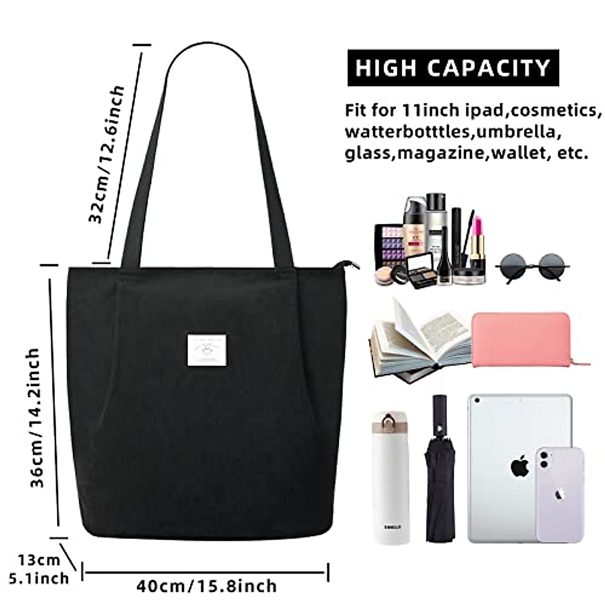 KALIDI Corduroy Tote Bag Women Tote Handbags Zipper Large Shoulder Bags Hobo Shopping Bag with Pockets Black