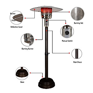 HQQ Outdoor Heaters 46000 BTU Umbrella natural gas patio heater for Natural Gas Adjustable Height Including 145-200cm(57-78in).Contains of 12-Foot-Long Natural Gas Hose.hammered Bronze