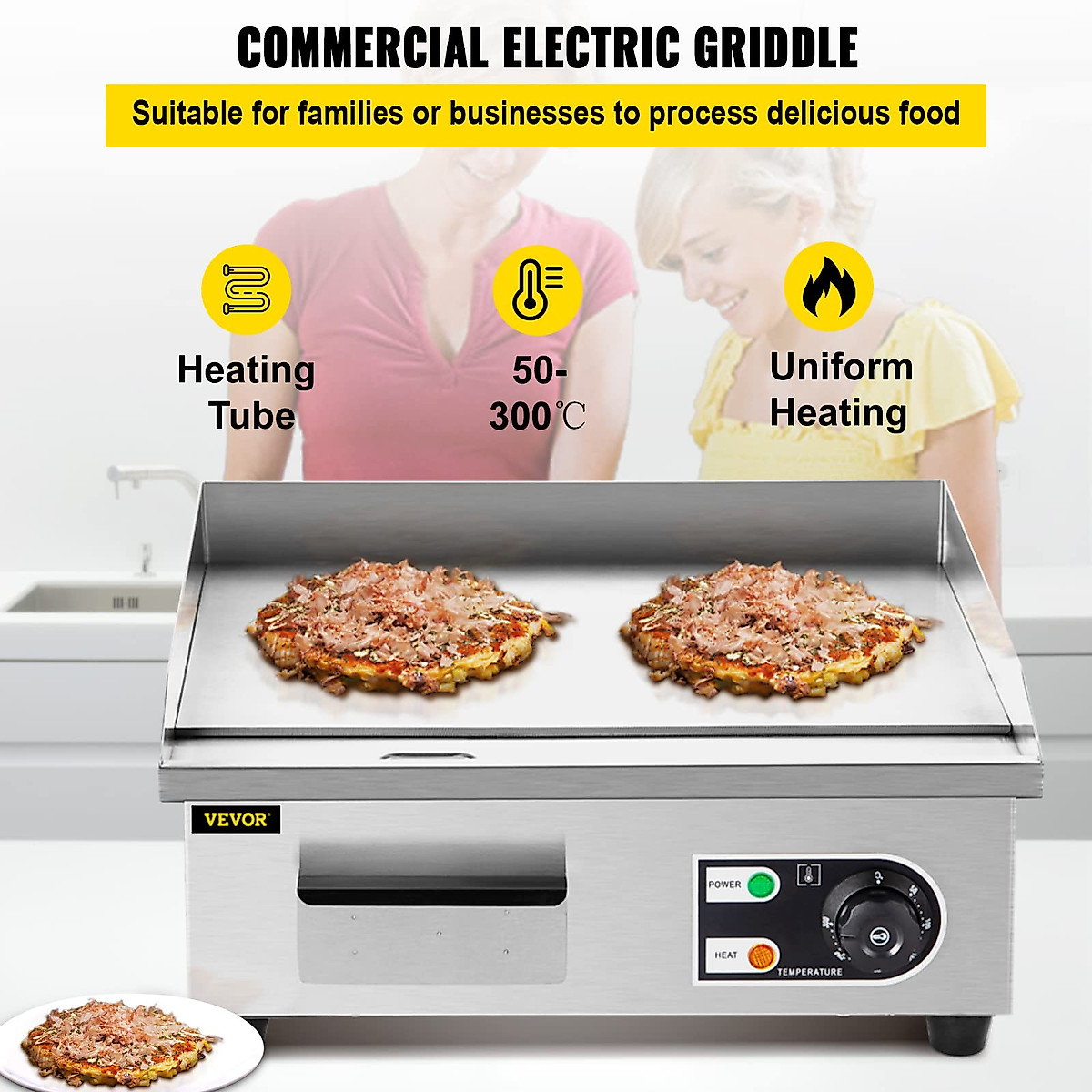 VEVOR 14" Electric Countertop Flat Top Griddle 110V 1500W Non-Stick Commercial Electric Griddles Restaurant Teppanyaki Grill Stainless Steel Adjustable Temperature Control 122°F-572°F, Sliver