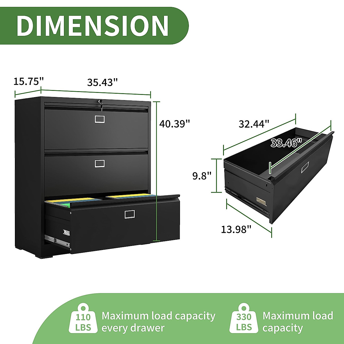 VIYET Lateral File Cabinet with Lock,3 Drawer Metal File Cabinets, Home Office Storage Cabinet for Hanging Files Letter/Legal/F4/A4 (Black)