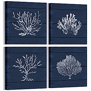 HOMEOART Coral Canvas Wall Art Prints Ocean Navy Blue Coastal Artwork Beach Home Decor Picture Framed Ready to Hang 12"x12"x4 Pieces