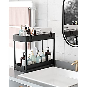 Gaclibl Under Sink Organizers and Storage, 2 Tier Under Cabinet Organizer with 4 Hooks Pull Out Under Sink Storage for Bathroom Kitchen Cabinet Counter Pantry, Black