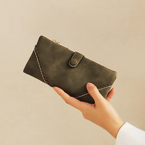 Women Vegan Leather Wallet Bifold Clutch Large Capacity Card Organizer Buckle Long Purse for Girls Candy Color (Dark-Green)