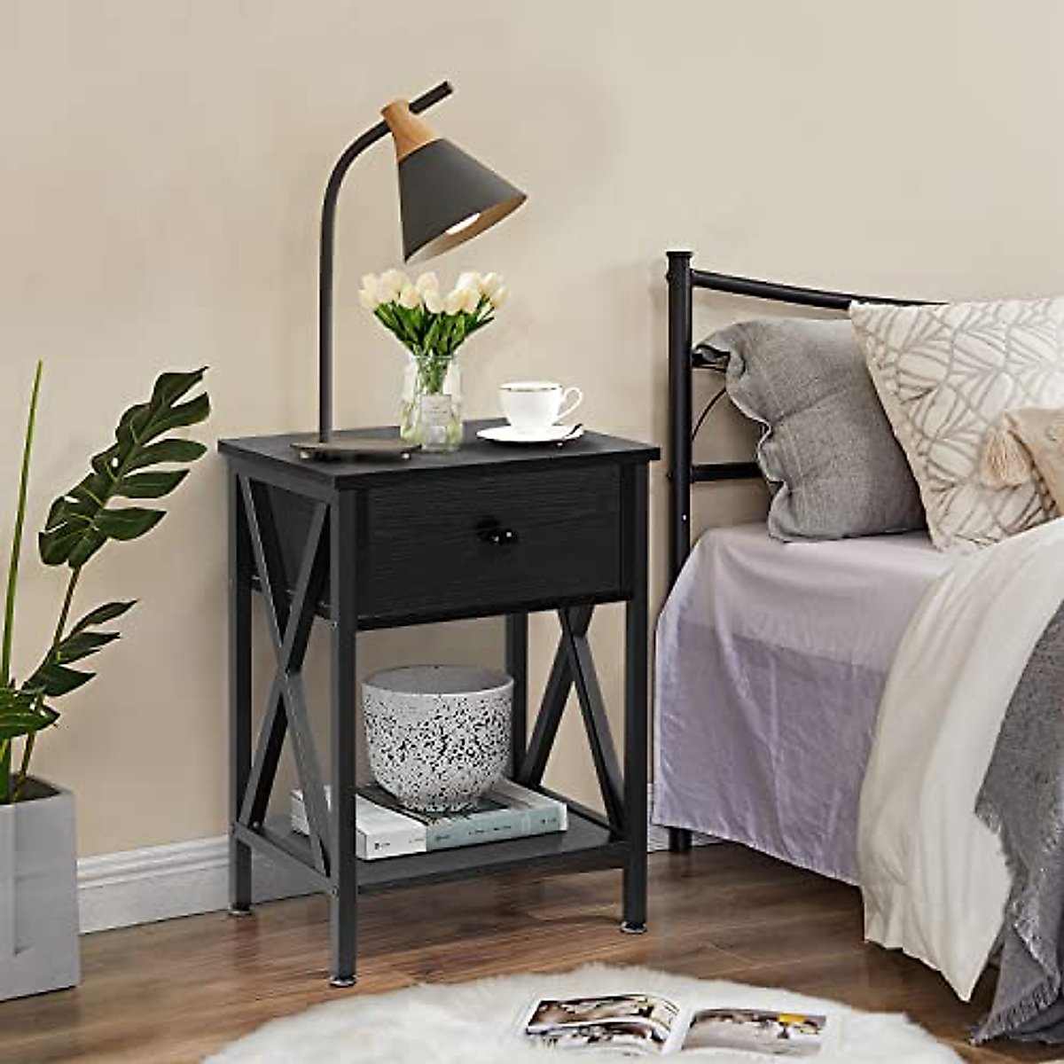 VECELO Modern Side Nightstand with 3-Layer Storage Shelf for Small Spaces, Living Room, Bedroom & Nightstands, Modern End Side Tables,Night Stand with Drawer &Storage Shelf