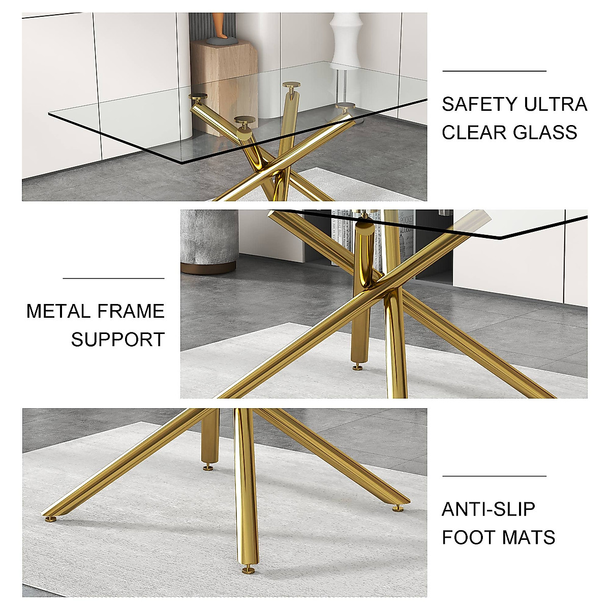 WEKEOT Modern 71’’ Dining Table Set for 6 Kitchen Table Set Kitchen Table and Chairs Tempered Glass Table and Chairs Dining Room Table Set comedor de 6 sillas y mesa(Golden Table, 6 Black Chairs)