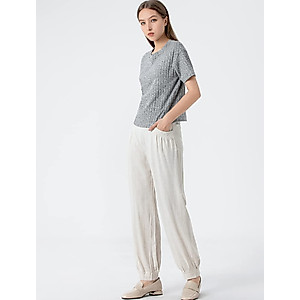 Minibee Women's New Cotton Linen Tapered Cropped Pants Elastic Waist Trousers Beige-XL