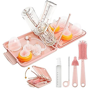 Maclined Travel Baby Bottle Cleaner Set with Drying Rack Extendbale Protable Silicone Bottle Brush, Nipple Cleaner Brush,Straw Brush Compact Size Baby Essential for Newborn & Moms