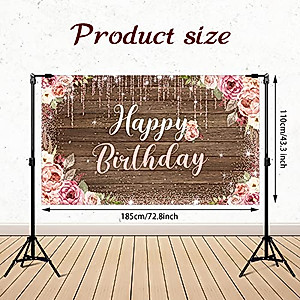 Happy Birthday Backdrop Decorations for Women Background Party Supplies Rose Backdrop Photography for Girls Boys Floral Glitters Banner Wedding Baby Shower Decor (Woodgrain)