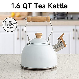 ROCKURWOK Whistling Tea Kettle, 1.6 QT / 50 OZ, White Teapot, Universal Base for Induction | Gas | Electric | Halogen | Radiant, Wooden Handle, Vintage