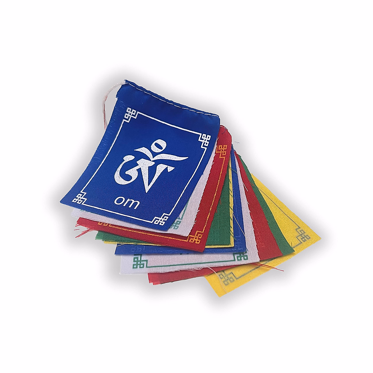 Buddha of Compassion Tibetan Prayer Flags Om Mani Padme Hum Set of 10 Five Tibetan Traditional Colors which are Yellow, Green, red, White and Blue. Each Color Represents an Element.