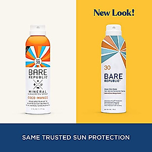Bare Republic Mineral Sunscreen SPF 30 Sunblock Spray, Sheer and Non-Greasy Finish, Coconut Mango Scent, 6 Fl Oz