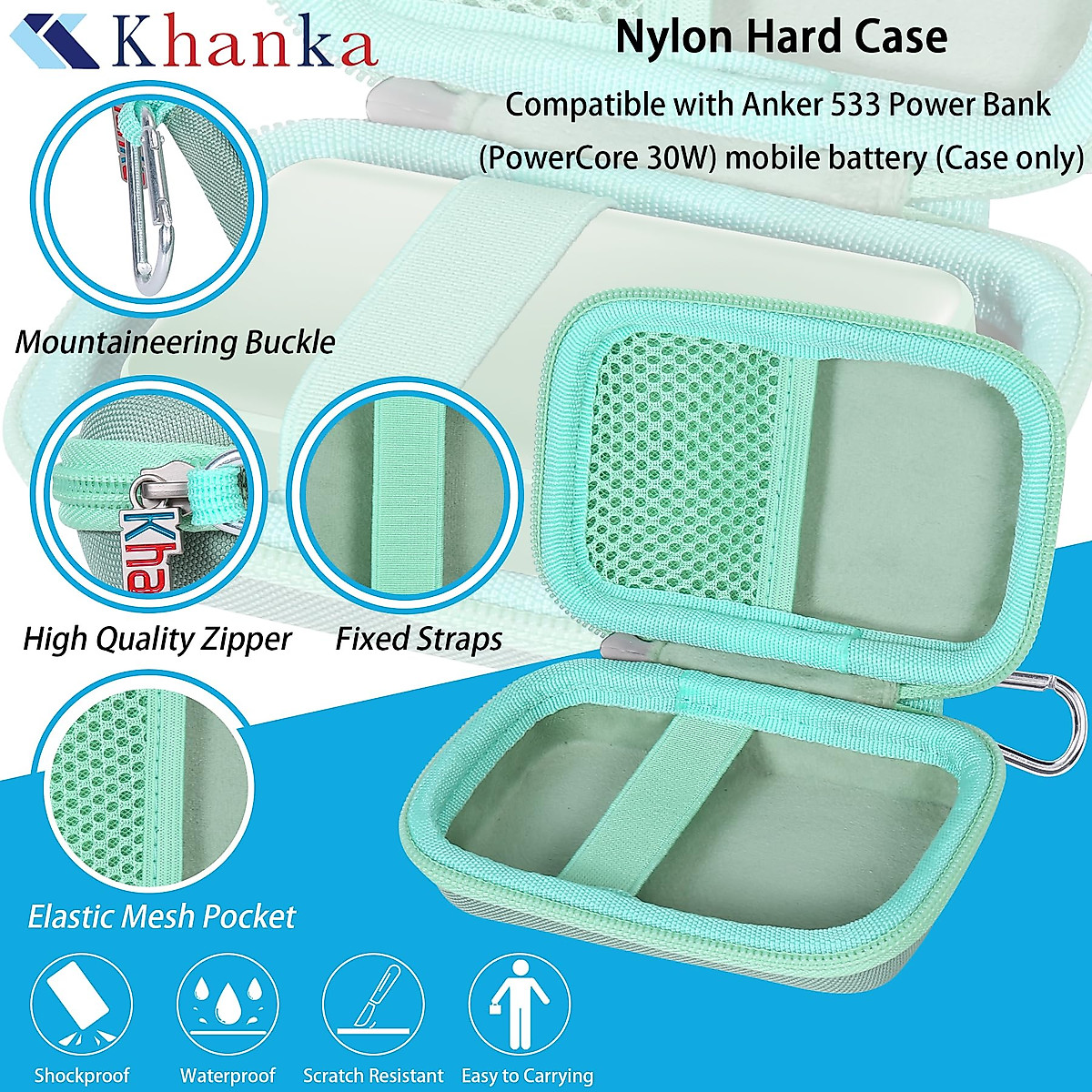 khanka Hard Travel Case Replacement for Anker 533 Power Bank/Anker Nano Power Bank,10000mAh Portable Charger (PD 30W max. Leistung),Case Only（Green）