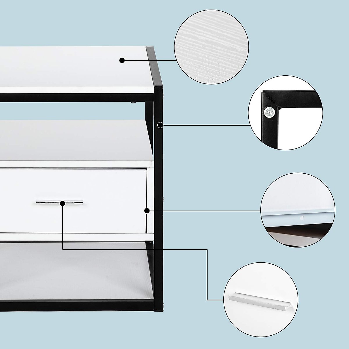 Nightstand Set of 1 with Drawer Modern Square End Side Table for Storage, Open Shelf in Bedroom, Living Room, Small Space, Stable Metal Frame, White