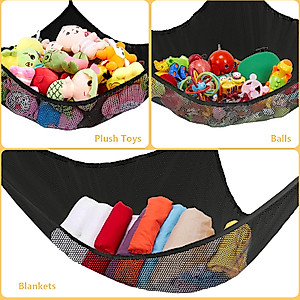 Jumbo Toy Net Hammock for Stuffed Animals KoHuiJoo Wall Sling Corner Extra Large Kids Children Mesh Toy Net Organizer (Black 2 Pack, 70 inch)