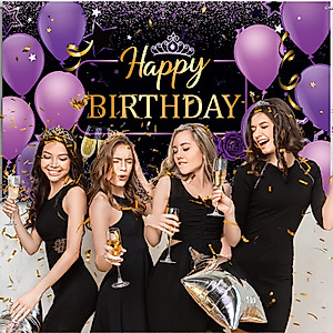 Happy Birthday Decorations Banner, Purple Happy Birthday Sign Birthday Party Supplies Purple Photo Backdrop Background with Rose for Birthday Party Favor for Women Girl Celebration 72.8 x 43.3 Inch