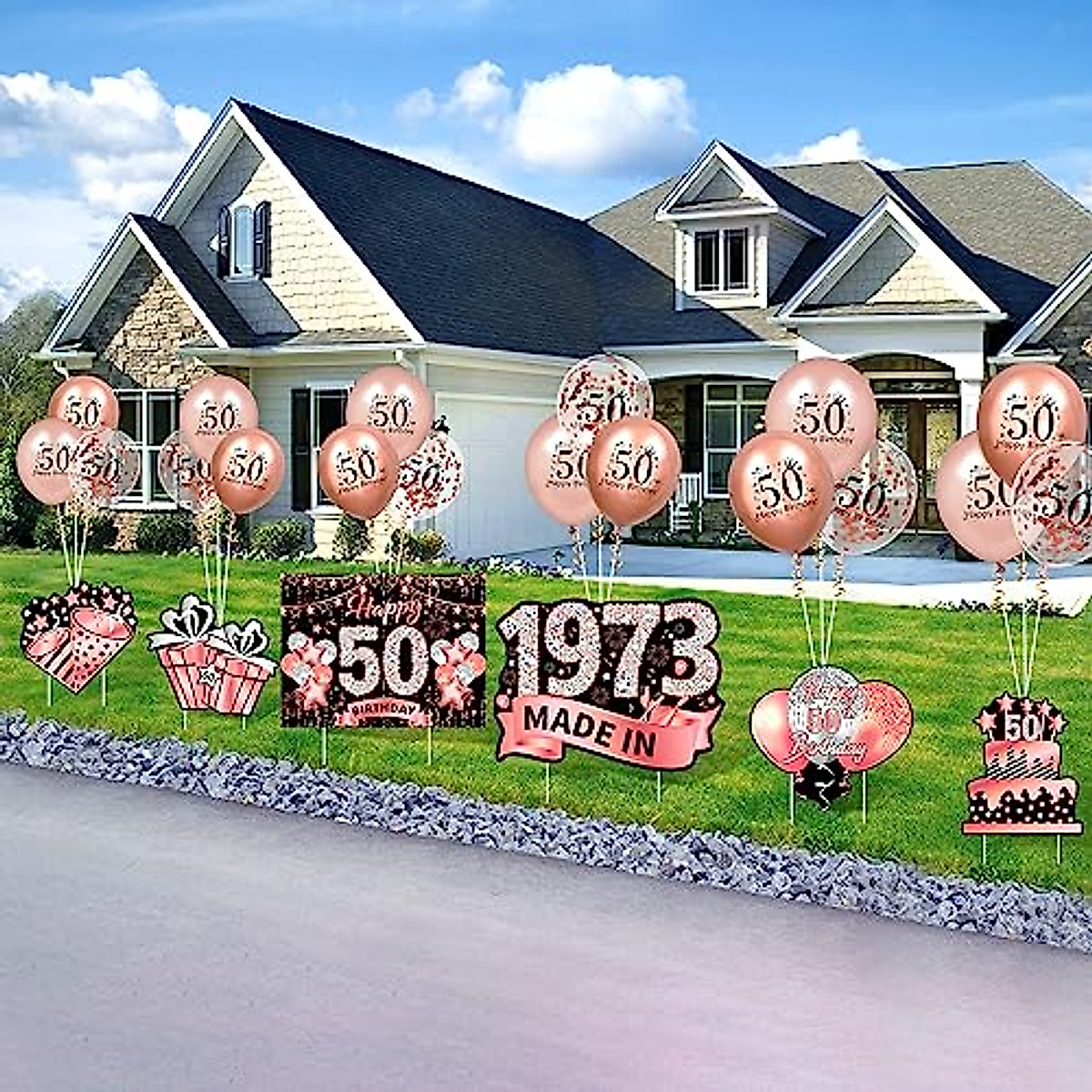 Rose Gold 50th Birthday Decorations for Women 6Pcs 50th Birthday Yard Signs Made in 1973 Lawn Sign & 18Pcs Rose Gold 50th Birthday Balloons for 50 Years Old Party Anniversary Outdoor Decor Supplies