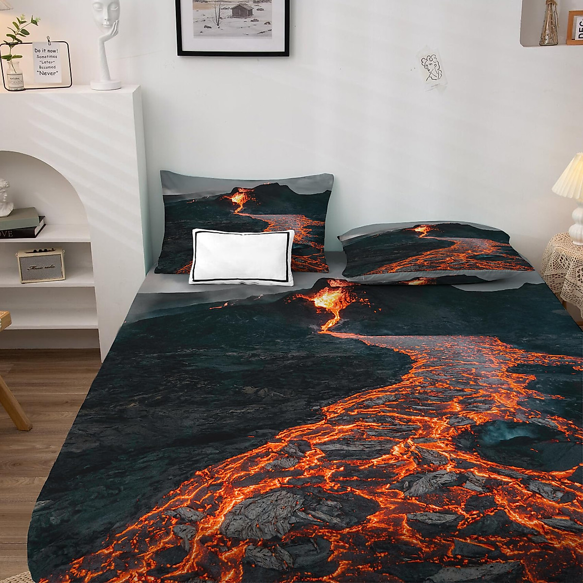 Volcano Sheets Full Size, Magma Bed Sheets, Patterned Bedding Sheets & Pillowcases 4 Piece Set - Soft Microfiber Deep Pocket Fitted Sheet & Flat Sheet & 2 Pillow Cases K8-&-241