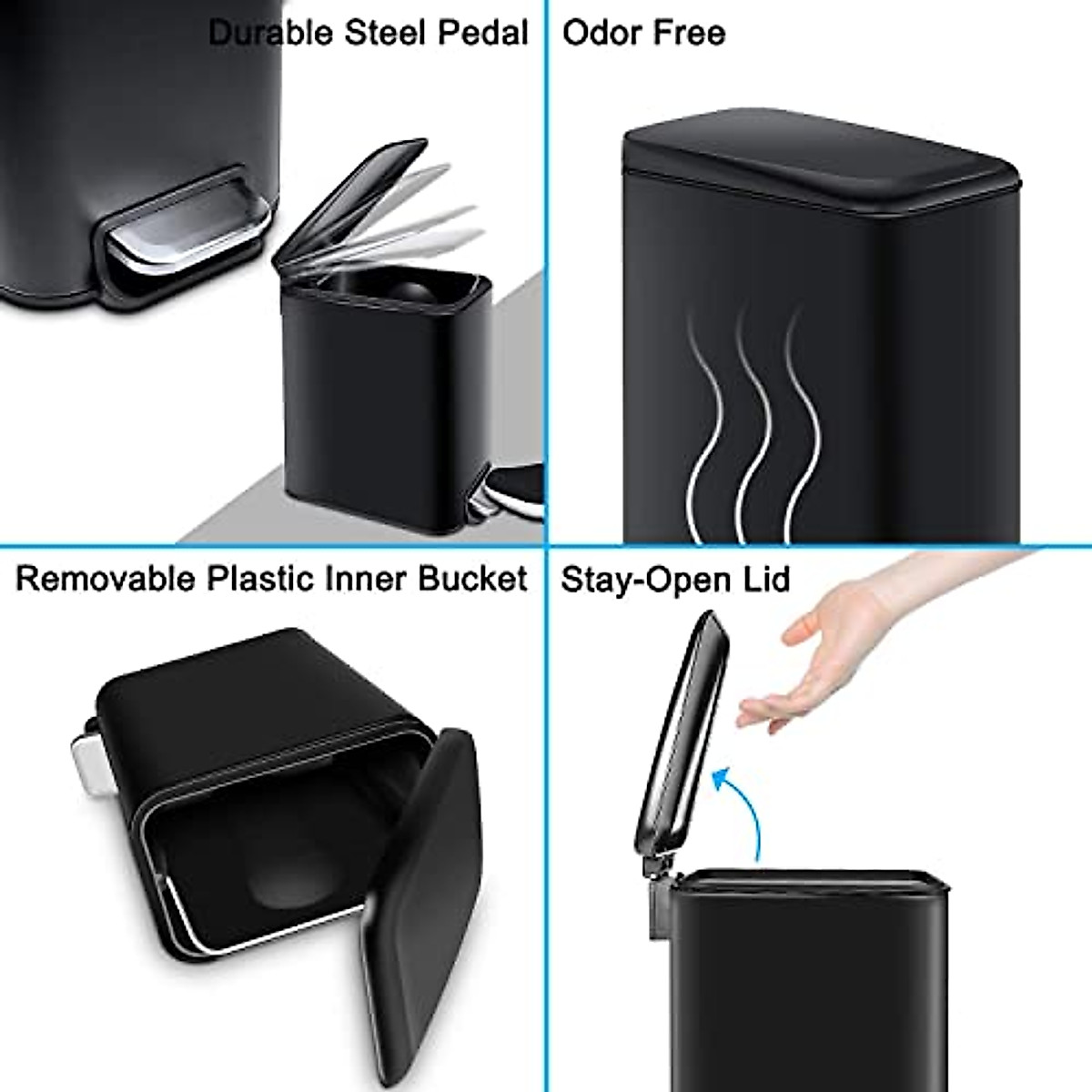 H+LUX Slim Small Bathroom Trash Can with Lid Soft Close,Black Small Trash can for Bathroom Bedroom Office with Removable Inner Wastebasket, Rectangular Foot Pedal Trash Bin, 5L/1.3Gal
