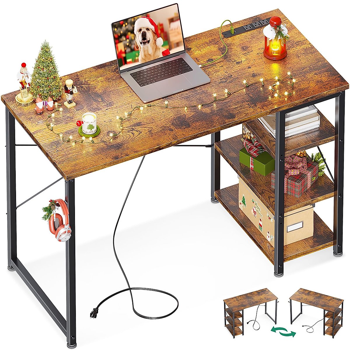 AODK Laptop Desk Small Desk, 40 Inch Computer Desk with Power Outlet and USB & Type-C Charging Port, Writing Desk with 3-Tier Reversible Storage Shelf for Home Office, 40'' x 16'', Rustic Brown