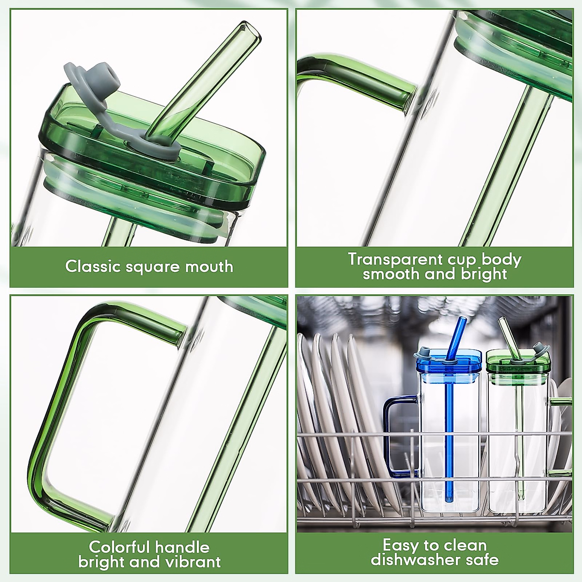 Rtteri 6 Sets Square Glass Cups with Lids and Straws Coffee Cups with Handle Drinking Glasses Wide Mouth Multi Colored Glass Tumbler with Handle for Home Employee Coworkers (16 Oz, Medium)