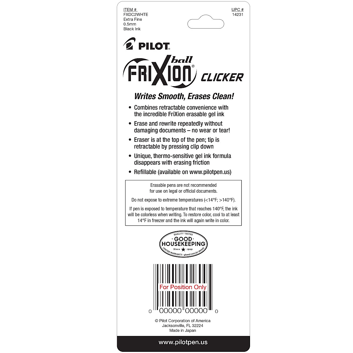 Pilot FriXion Ball Clicker Erasable Gel Ink Retractable Pen, Extra Fine Point, 0.5mm, White Barrel, Black Ink, 2 Pack