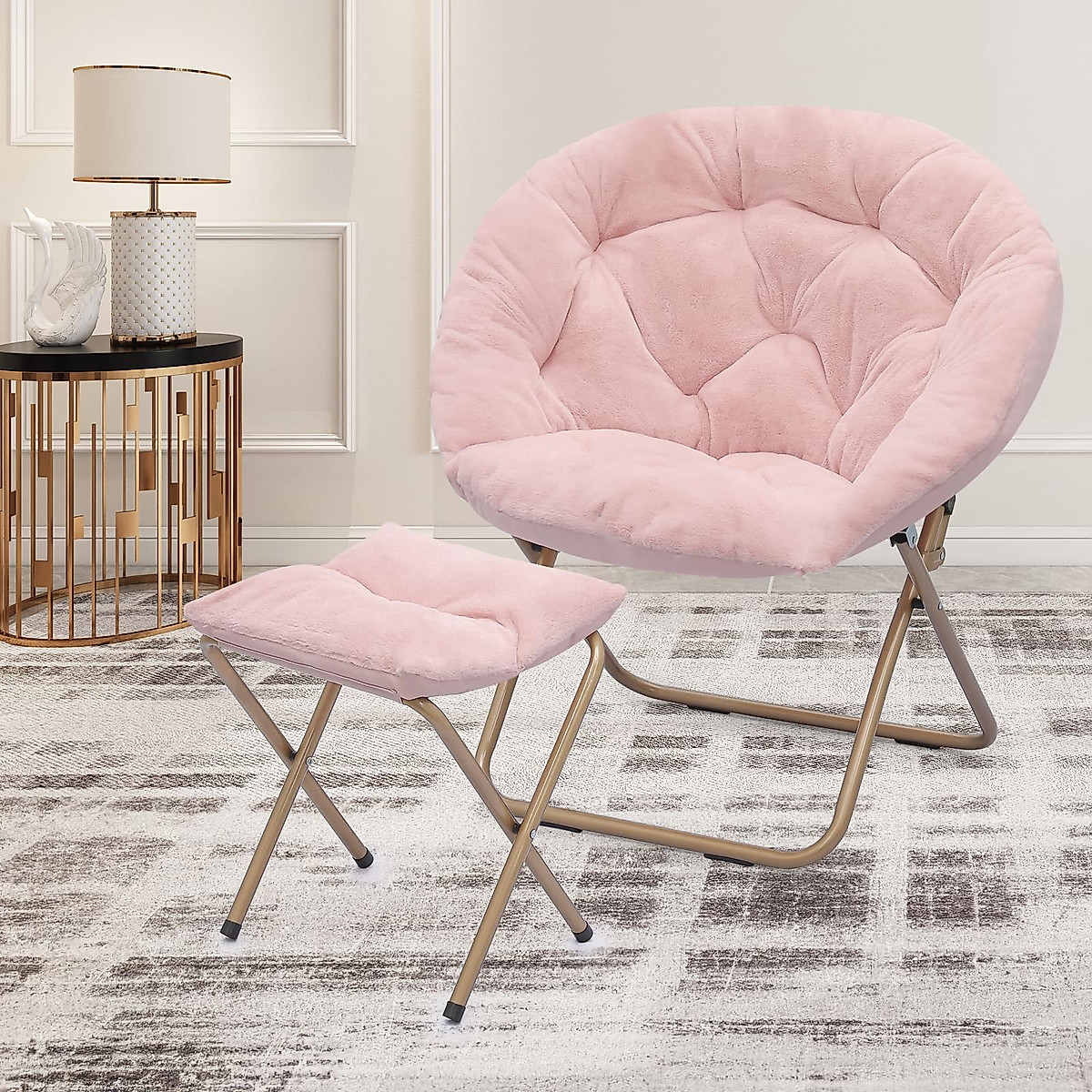 MoNiBloom Round Folding Faux Fur Saucer Chair for Bedroom Living Room Dorm Foldable Metal Frame Oversized Large Comfy Furry Padded Soft Cozy Moon Chair with Footrest Ottoman for Adults (Pink)