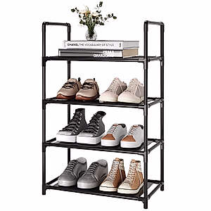 COAPUKT 4-Tier Small Shoe Rack, Narrow Kids Shoe Rack Stackable Organizer Storage,Sturdy Shoe Stand For Closet Entryway Hallway((4 Tiers-Black)
