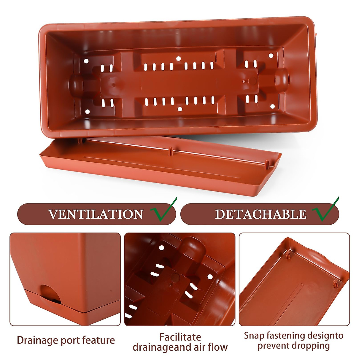 Dandat 24 Pack Window Box Planter Plastic Planter Boxes 17 Inches Vegetable Planters Rectangle Flower Pots with Drainage Holes and Trays for Indoor Outdoor Garden Patio Home Decor (Red)