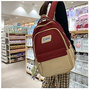 MININAI Preppy Backpack with Plushies Korean Patchwork Laptop Backpack Kawaii Casual Daypack Aesthetic College Backpack (One Size,Red)