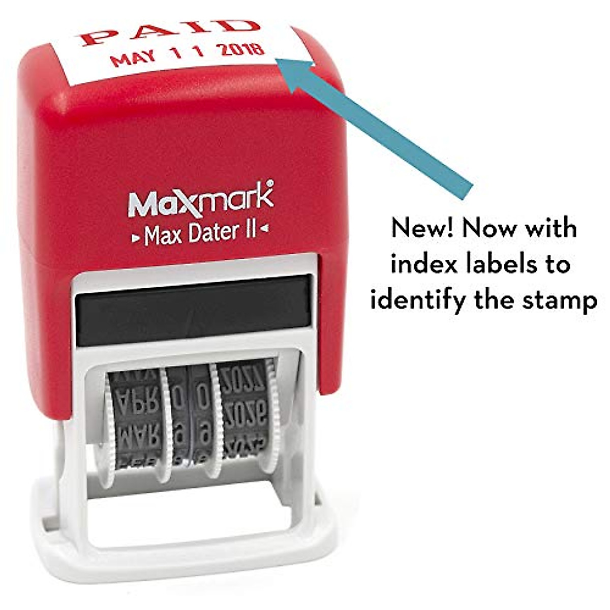 MaxMark Self-Inking Rubber Date Office Stamp with Paid Phrase & Date - RED Ink (Max Dater II), 12-Year Band