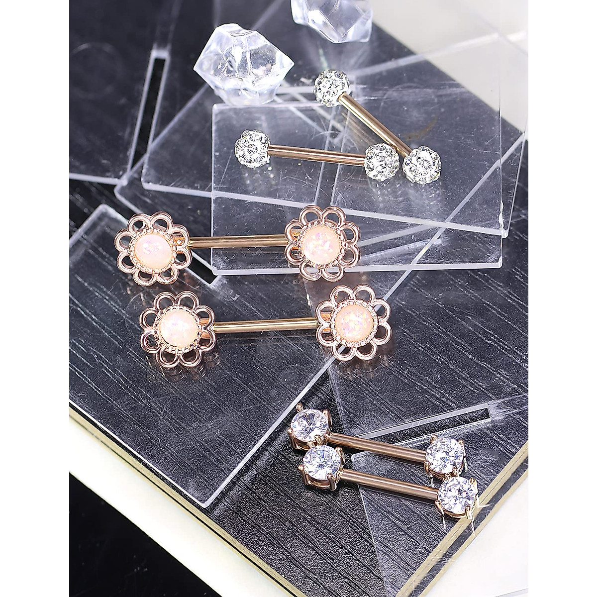 Hnxnskt 3 Pairs Stainless Steel Nipple Ring CZ Straight Barbell Rhinestone Nipple Studs Nipple Body Piercing Jewelry for Women Rose Gold