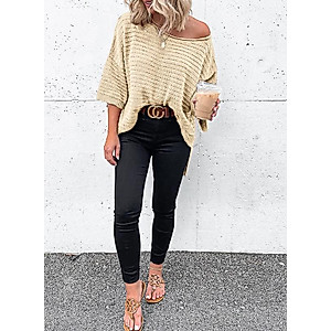 Dokotoo Womens Fashion Casual Spring Summer Shirts and Blouses for Women 2024 Pullover Sweater Off Shoulder T-Shirts 3/4 Sleeve Tunic Tops Loose Shirts Apricot Large