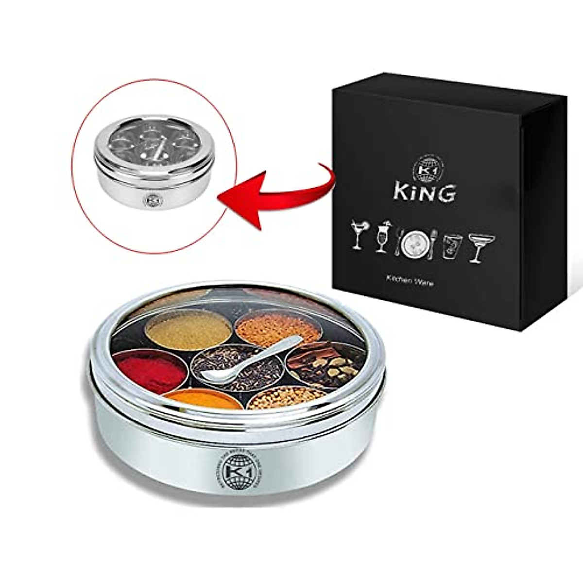 King International Stainless Steel Indian Spice Box, Indian See Through Masala Dabba, Masala Box,Steel Masala Dabba, Indian Spice Container, with 7 Spice containers Size 20 X 20 x 8 cm, Set of 9