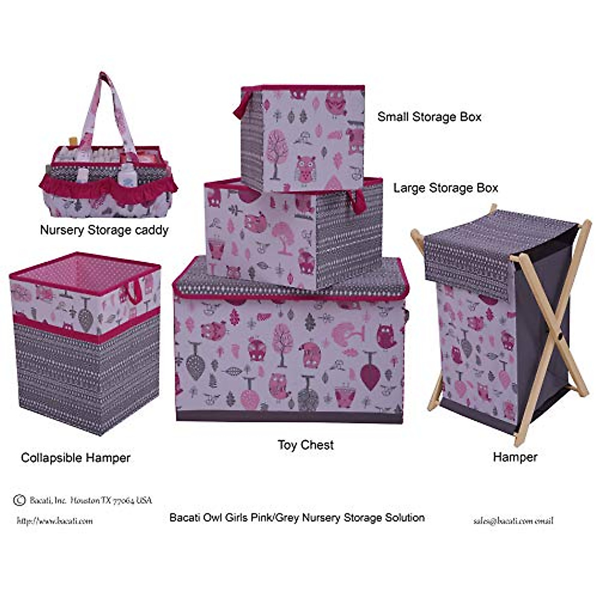 Bacati Owls Girls Cotton Nursery Storage Caddy, Pink/Grey